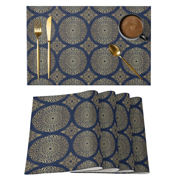 Abstract Floral Cotton Linen Placemats Set of 1, Vintage Navy Blue ...