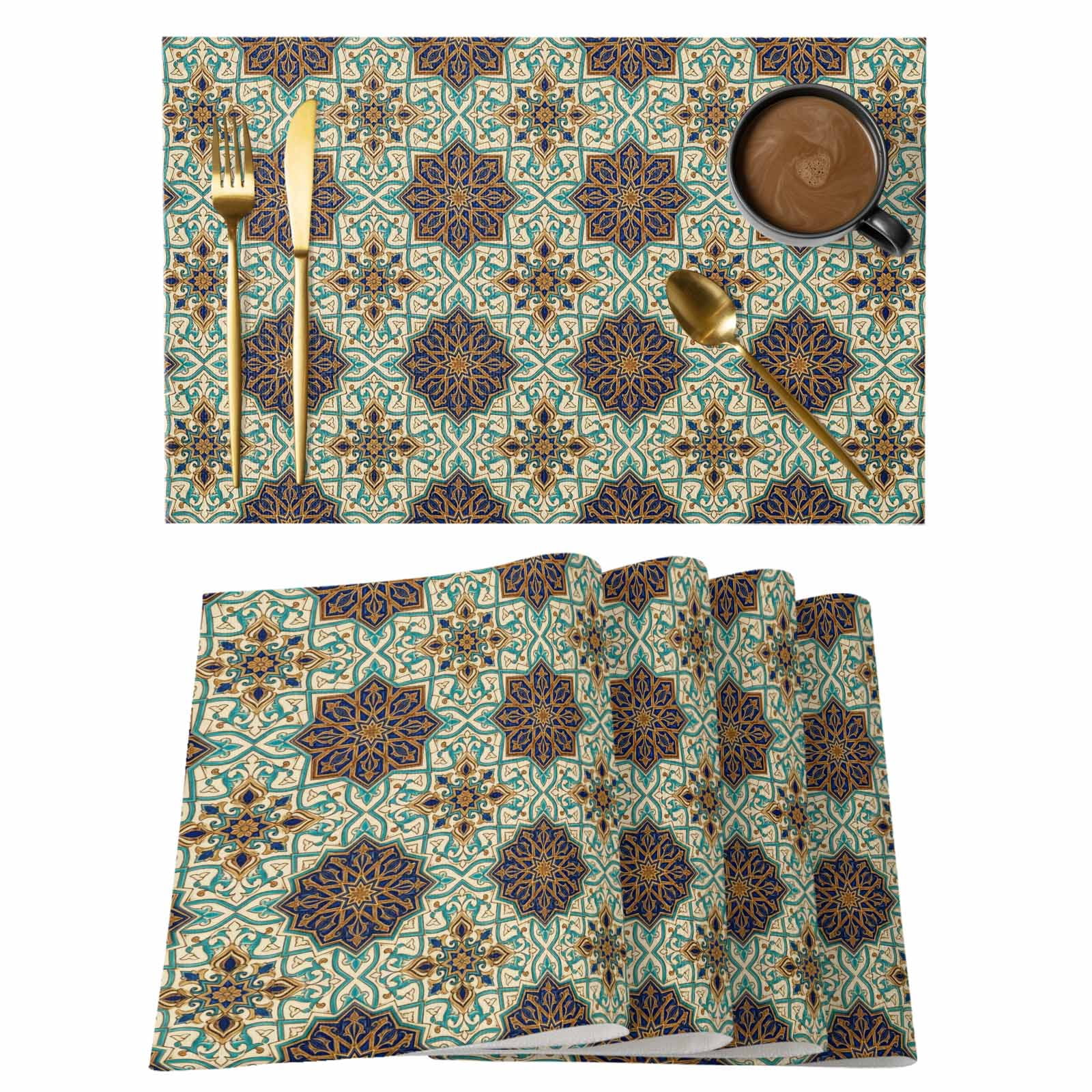 Abstract Floral Cotton Linen Placemats Set of 12, Vintage Turquoise ...