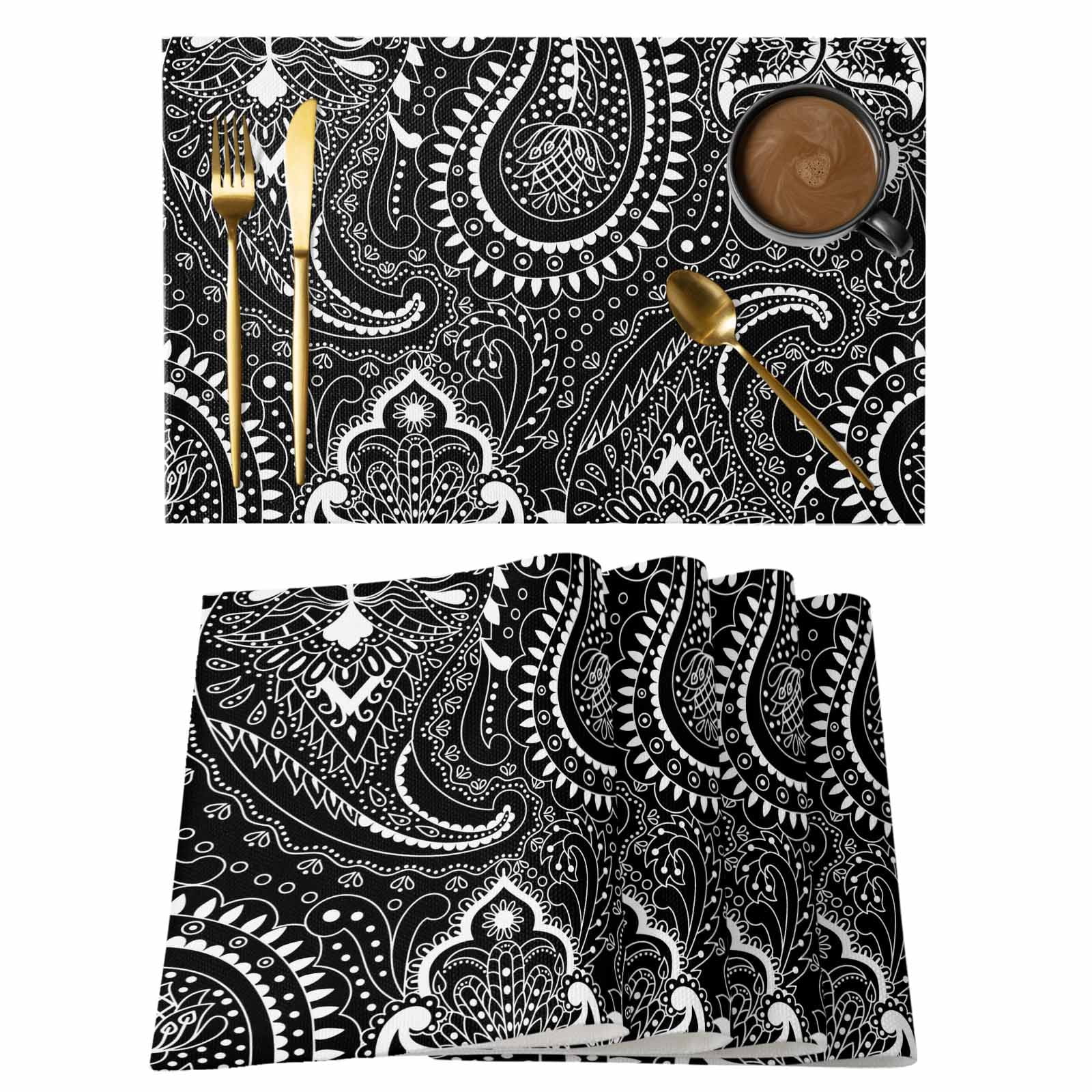 Abstract Floral Cotton Linen Placemats Set of 2, Ethnic Black White ...