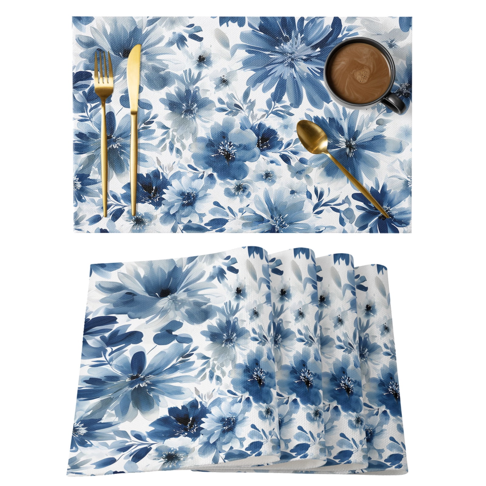 Abstract Floral Cotton Linen Placemats Set of 4, Deep Blue Watercolor ...