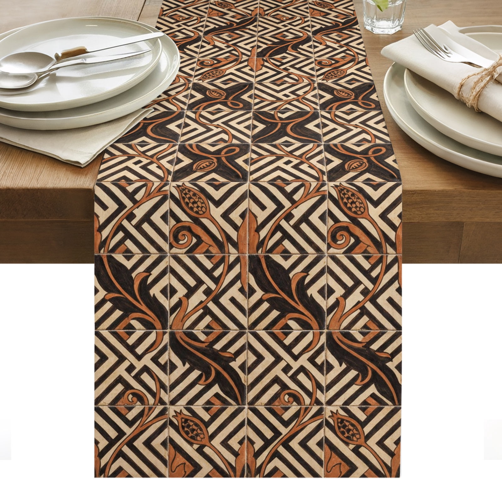 Abstract Floral Cotton Linen Table Runner Retro Art Brown Beige ...