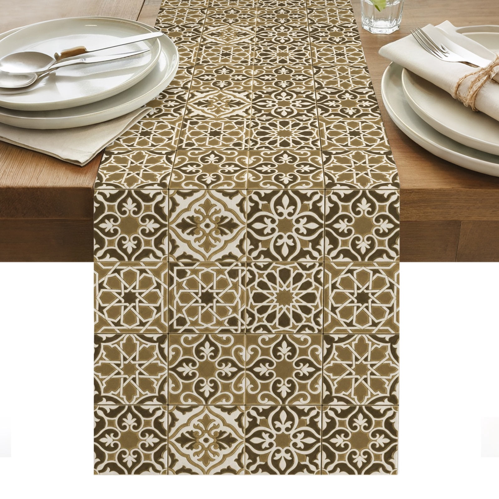 Abstract Floral Cotton Linen Table Runner Retro Khaki Geometric Texture ...
