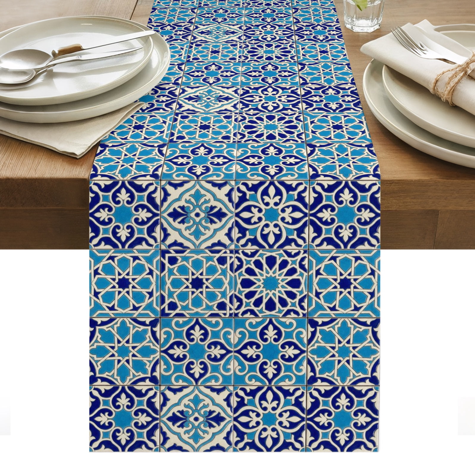 Abstract Floral Cotton Linen Table Runner Retro Navy Blue Geometric ...