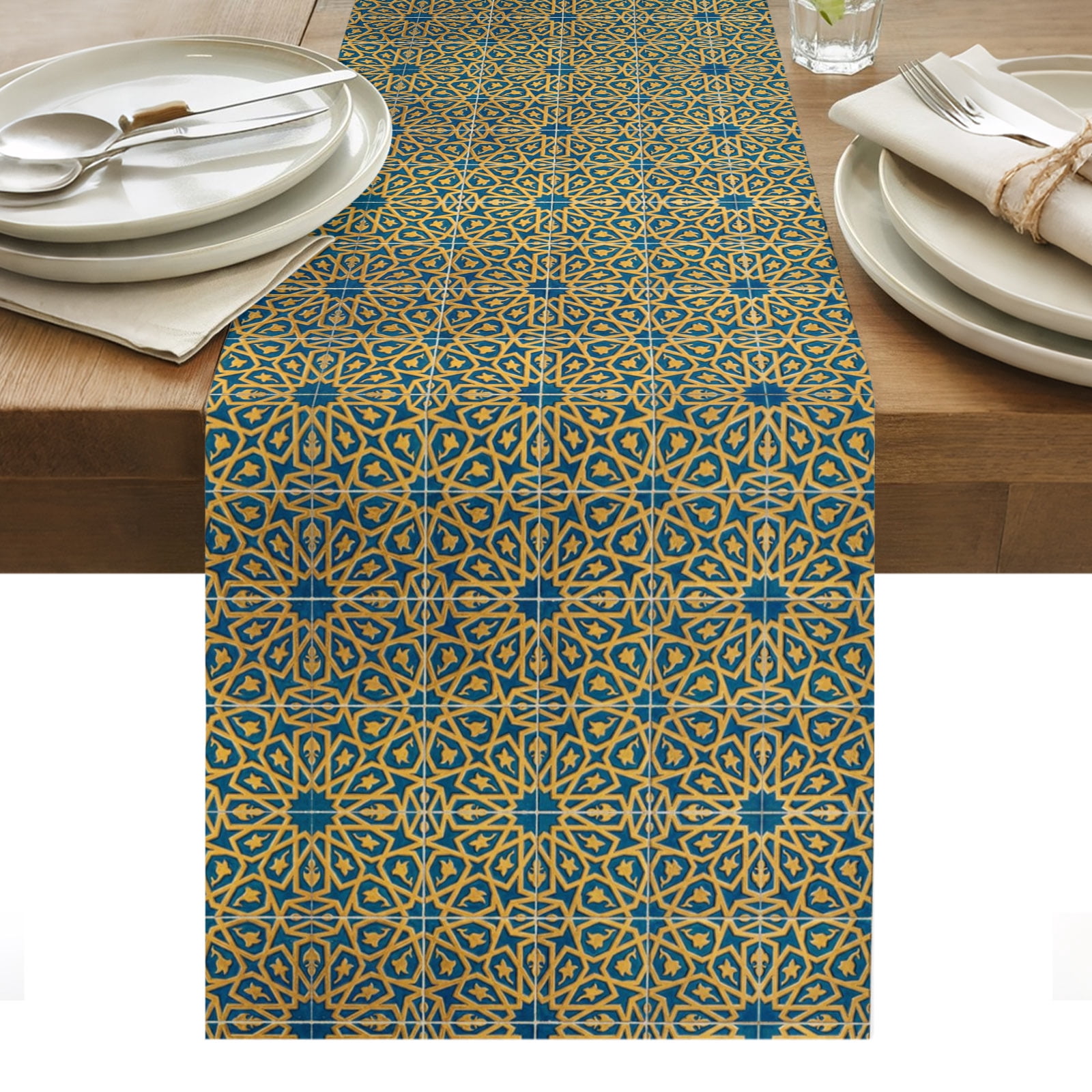 Abstract Floral Cotton Linen Table Runner Vintage Golden Moroccan ...