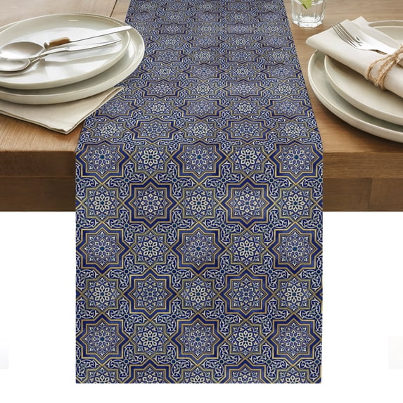 Abstract Floral Cotton Linen Table Runner Vintage Navy Blue Moroccan ...