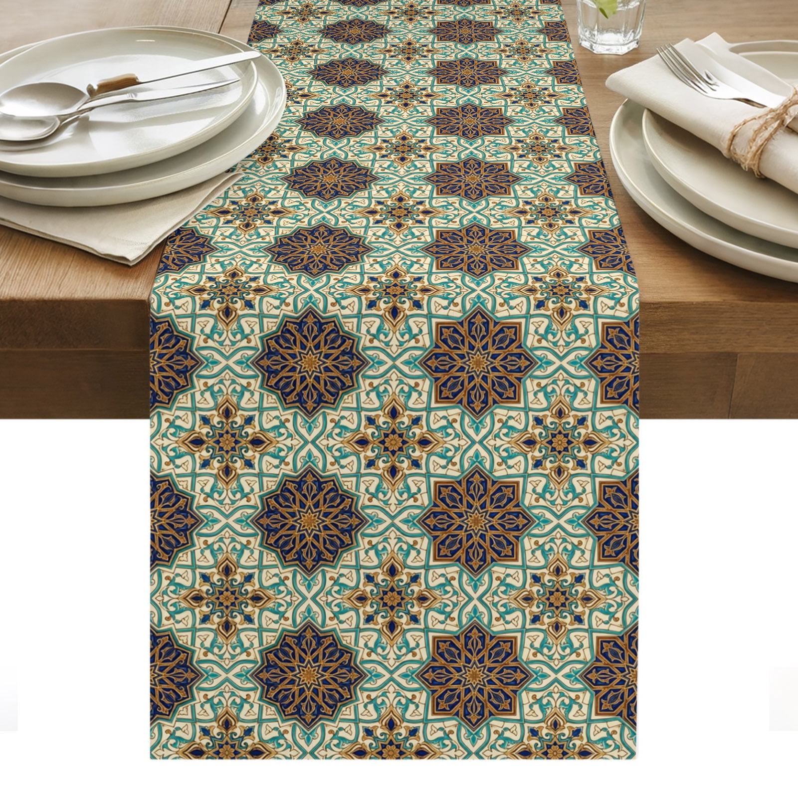 Abstract Floral Cotton Linen Table Runner Vintage Turquoise Moroccan ...