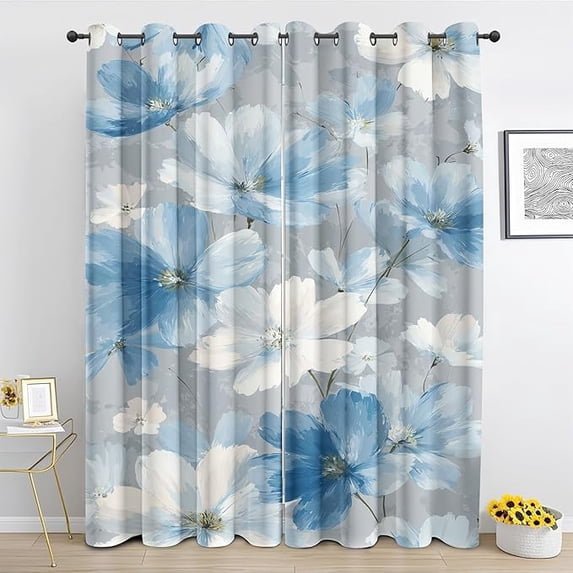 Abstract Floral Curtains, Blue White Flowers Blackout Curtains for ...