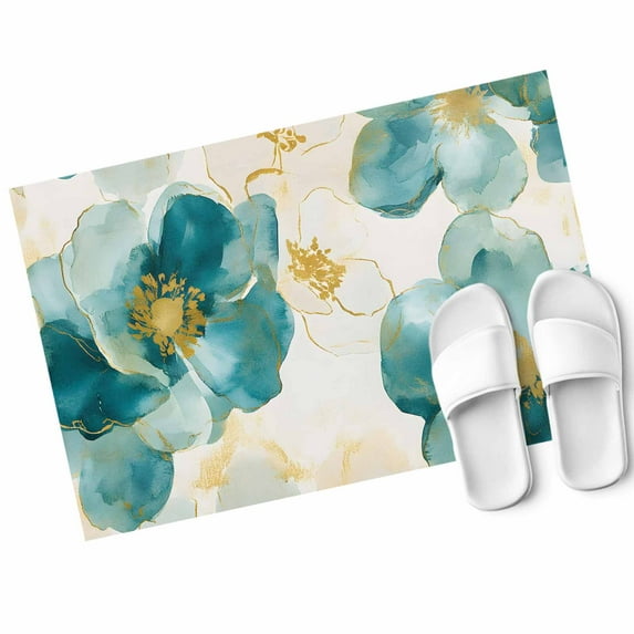 Abstract Floral Door Mat White Green Flower Gold Line Retro Petals Non ...