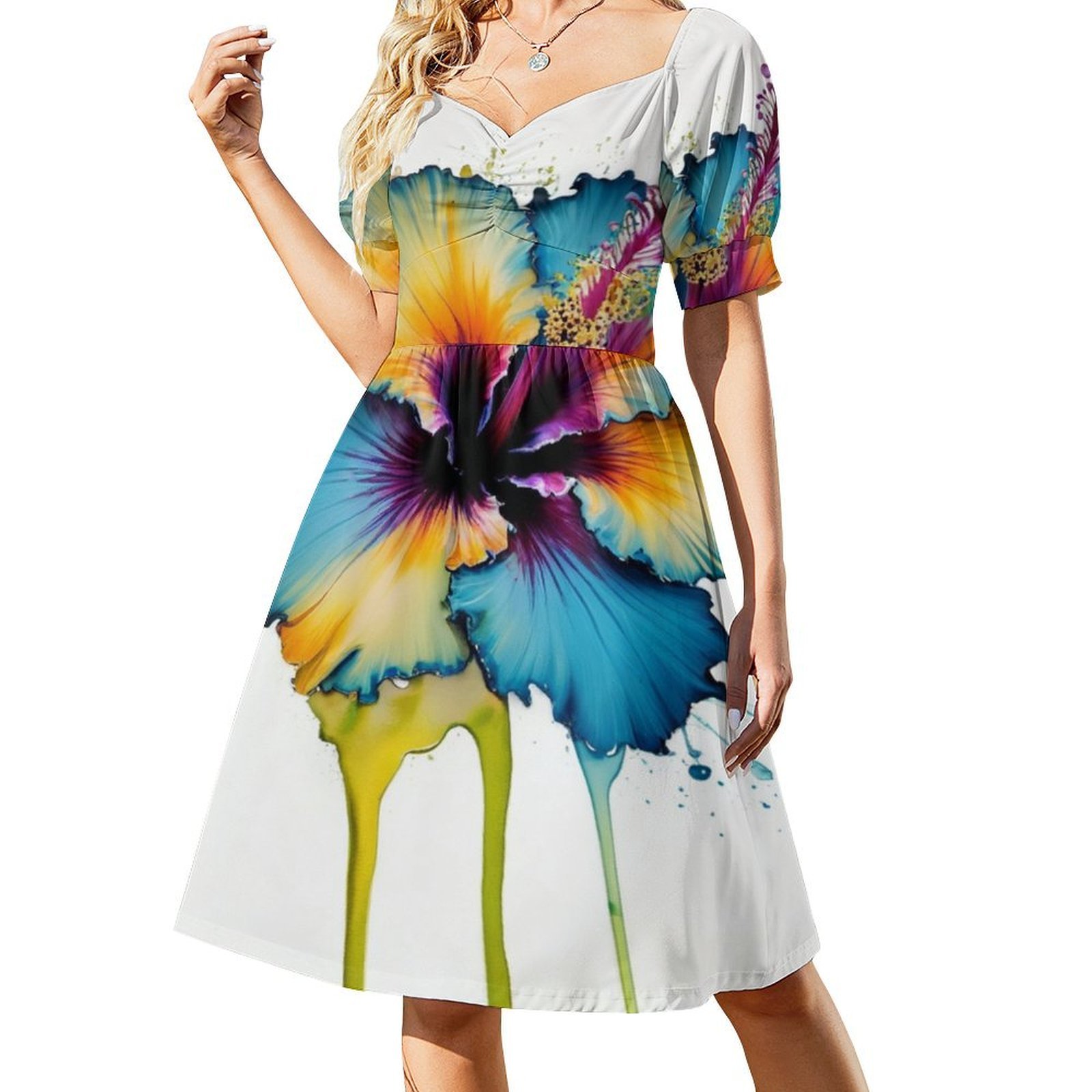 Abstract Floral Drip Art Short Sleeve Dress Clothes Women's Summer ...