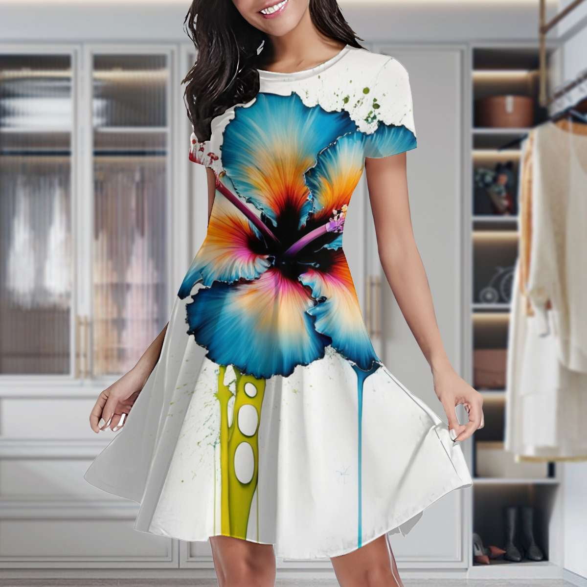 Abstract Floral Drip Art Women's Classic Swing Skater Dress Casual Work ...