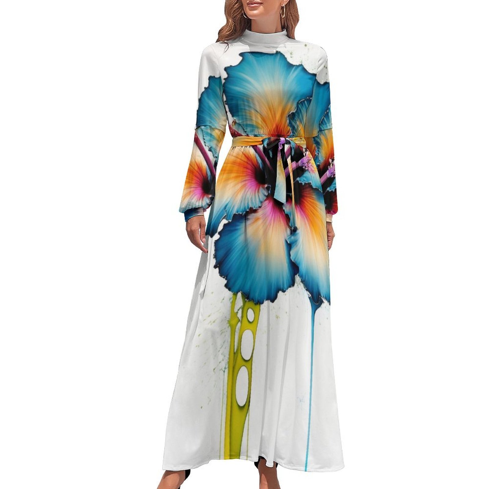 Abstract Floral Drip Art Women's Long Dress Long Sleeves Dress Vintage ...