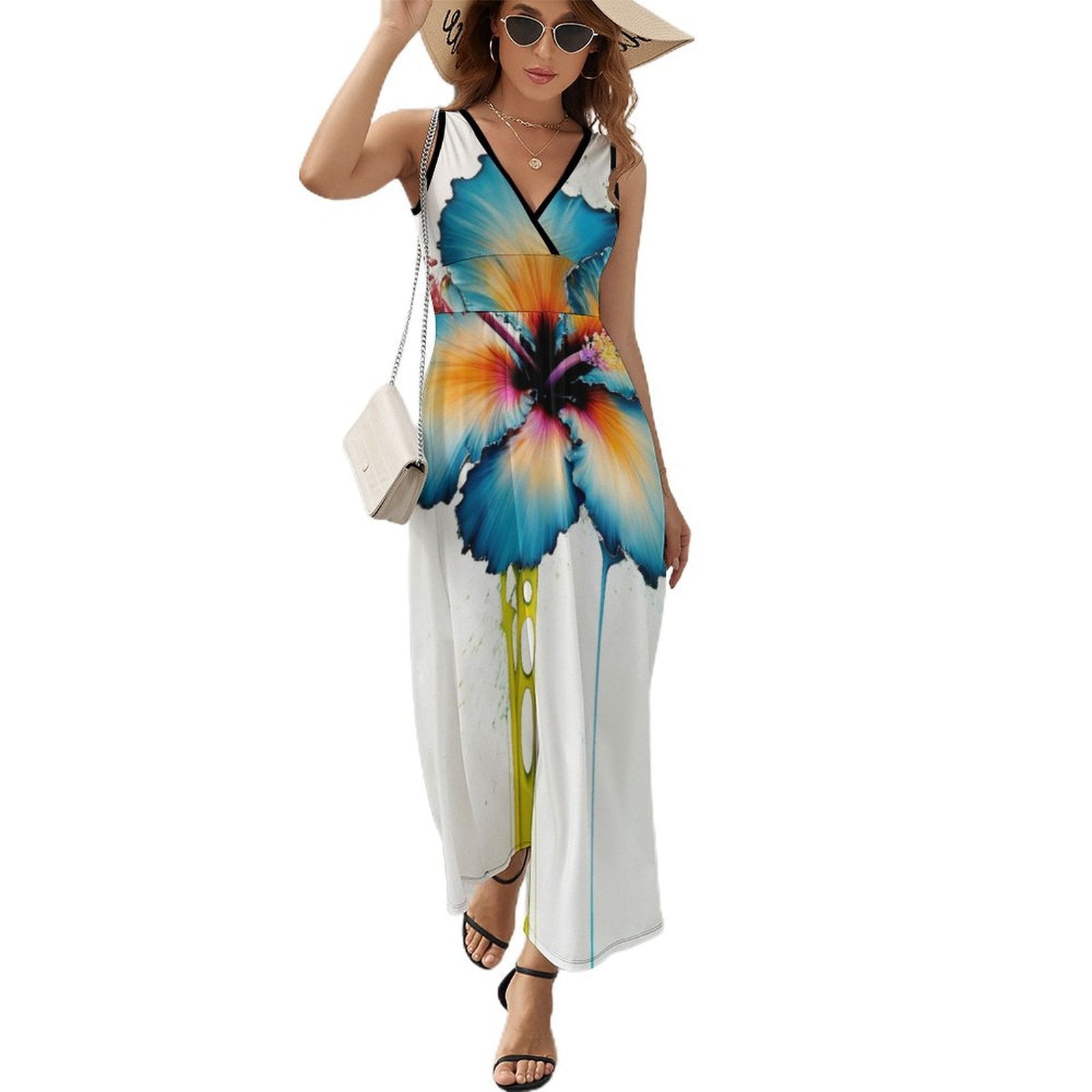 Abstract Floral Drip Art Womens Night Club Maxi Dress V Neck Sleeveless ...