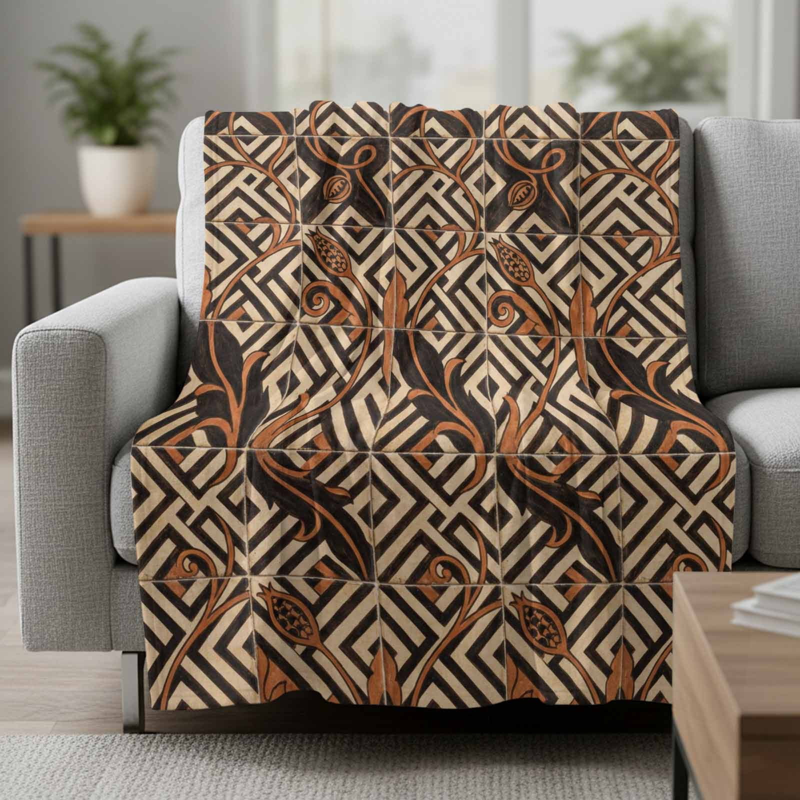 Abstract Floral Fleece Throw Blanket Retro Art Brown Beige Geometric ...