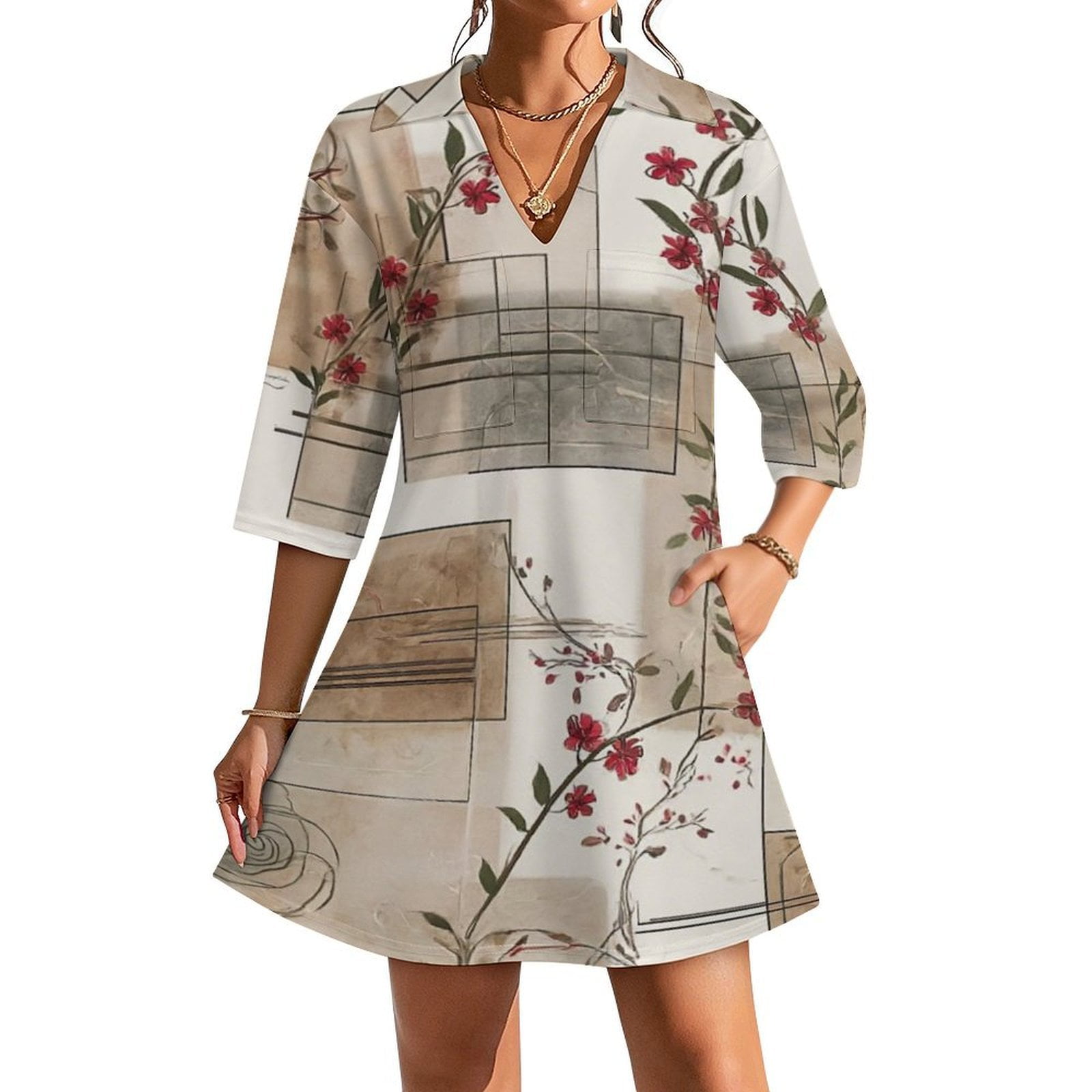 Abstract Floral Geometric Design Womens Dress With Pockets Summer V ...