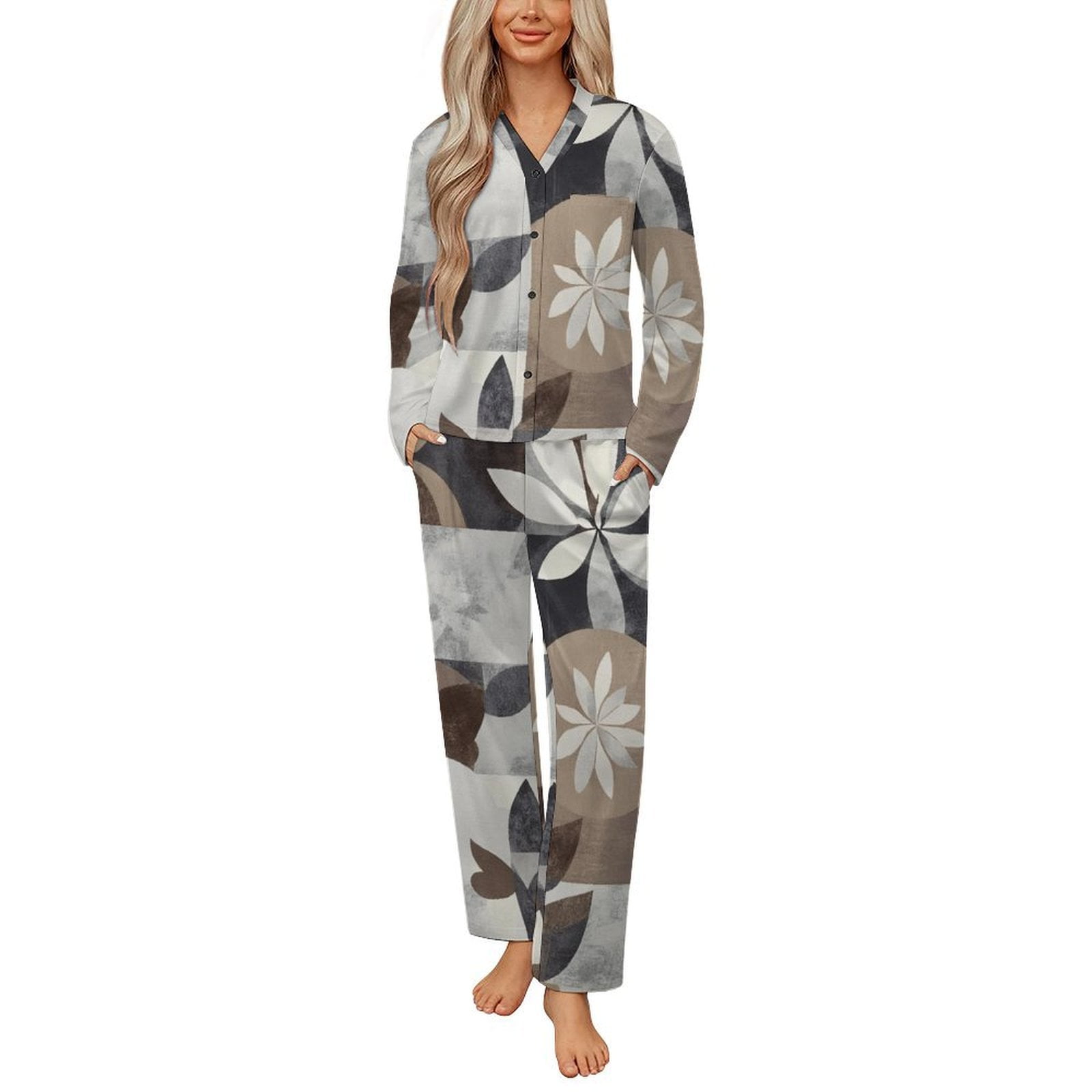 Abstract Floral Geometric Design Womens Pyjamas Set Button Up Pyjamas ...