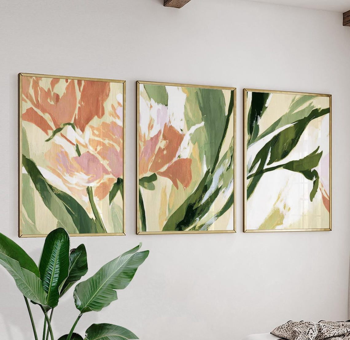 Abstract Floral Green Peach Botanical Art Modern Wall Decor Set 3 ...