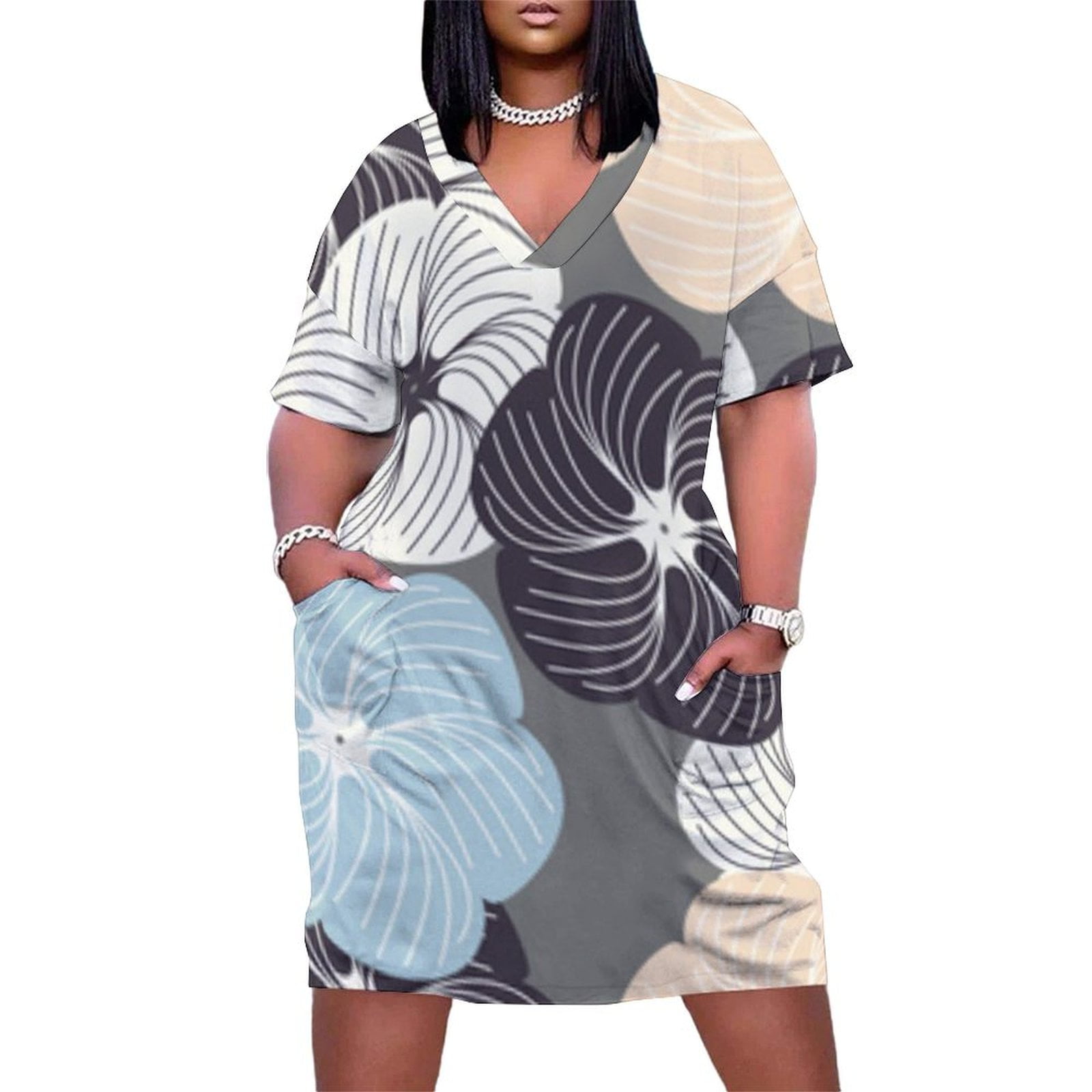 Abstract Floral Grey Background Design Summer Sundress for Curve Women ...