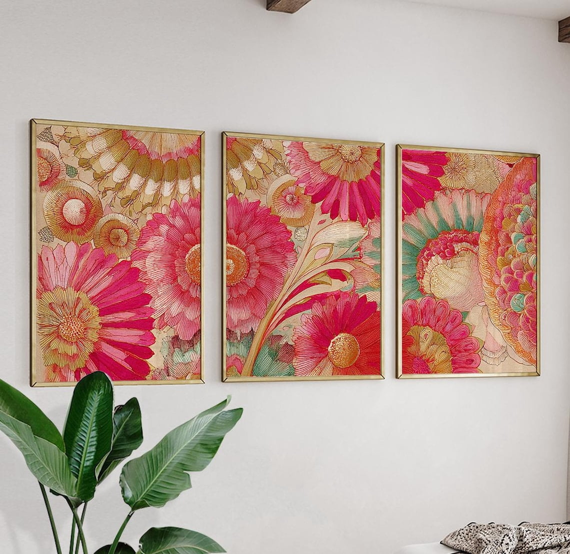 Abstract Floral Illustration Pink Botanical Wall Art Set 3 Unframed ...