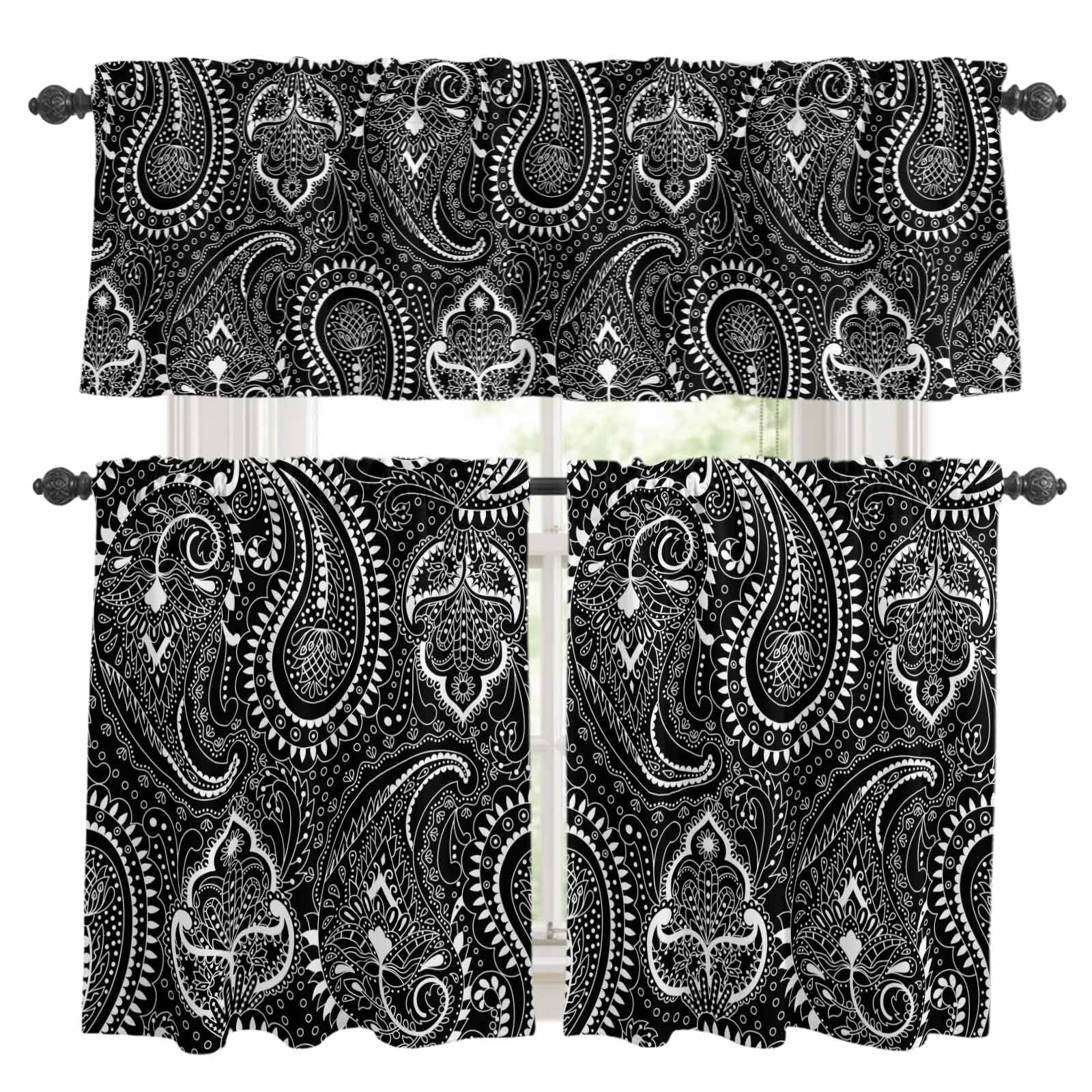 Abstract Floral Kitchen Curtains Set for Windows, Ethnic Black White ...