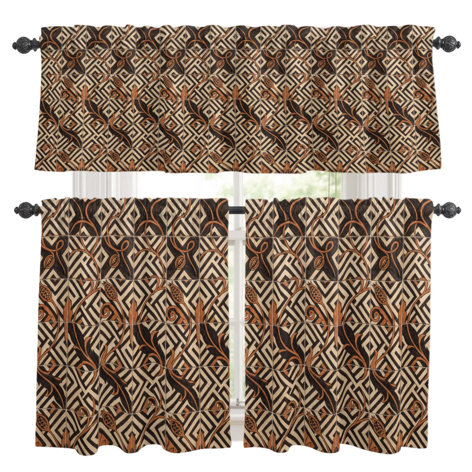 Abstract Floral Kitchen Curtains Set for Windows, Retro Art Brown Beige ...