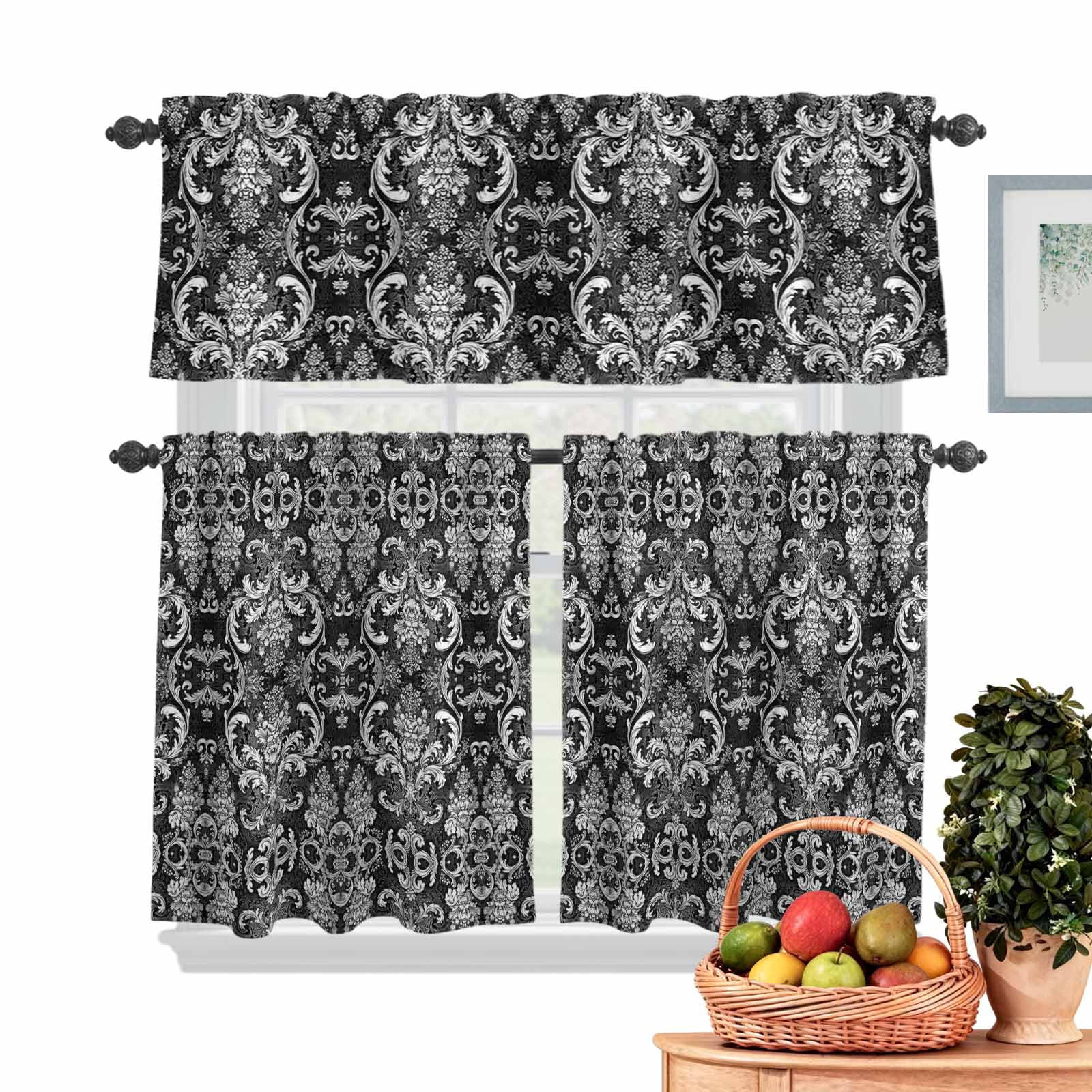 Abstract Floral Kitchen Curtains Valances 3 Piece Set, Damask Retro ...