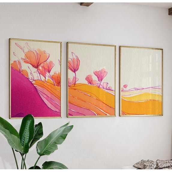 Abstract Floral Landscape Art Print Set Orange Pink Botanical Triptych ...
