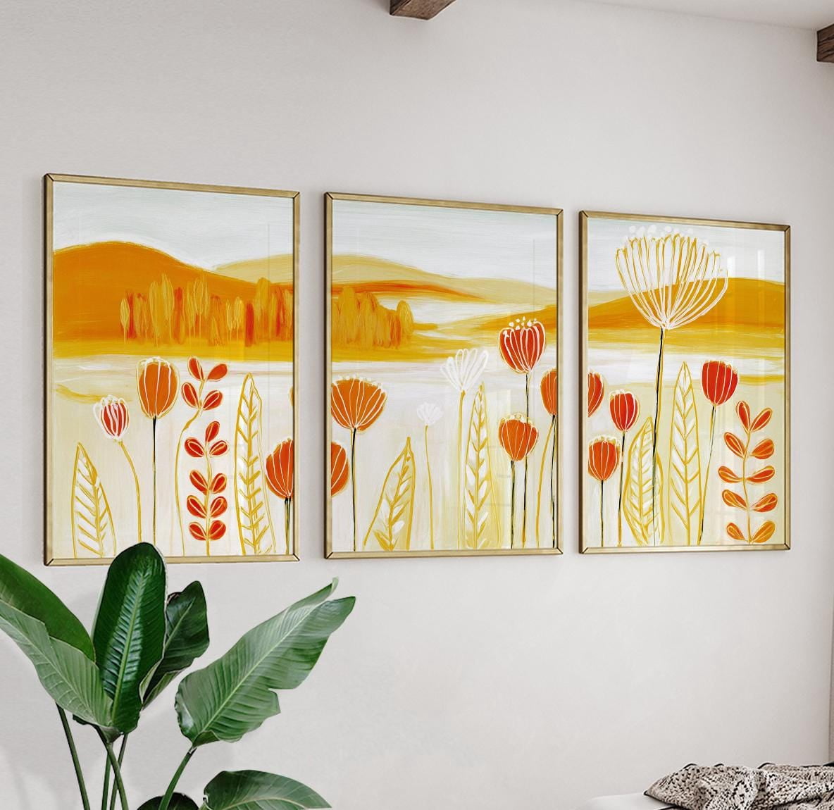 Abstract Floral Landscape Posters Orange Yellow Botanical Wall Art ...