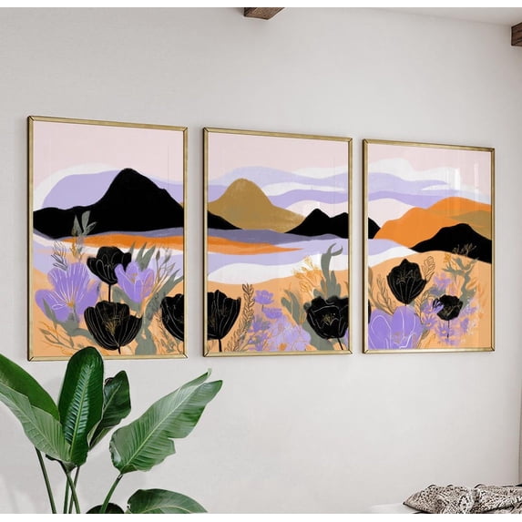 Abstract Floral Landscape Purple Orange Mountain Art Set 3 Unframed ...