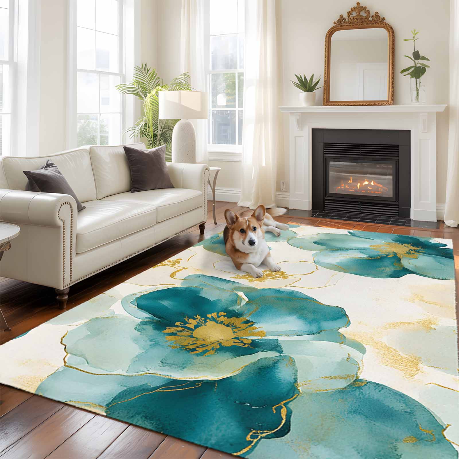Abstract Floral Large Area Rugs 6x9 ft White Green Flower Gold Line ...