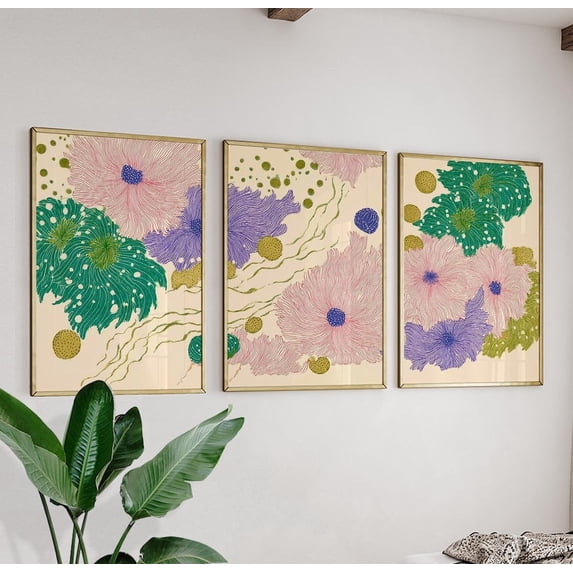 Abstract Floral Line Art Pink Green Blue Botanical Wall Art Set 3 ...