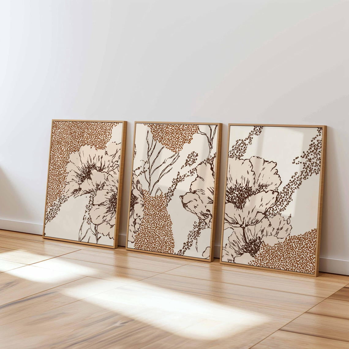 Abstract Floral Line Beige Botanical Art Set 3 Stretched Canvas 16x24 ...