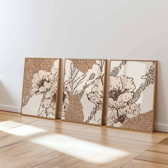 Abstract Floral Line Beige Botanical Art Set 3 Stretched Canvas 16x24 ...