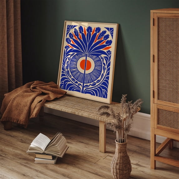 Abstract Floral Linocut Blue Red Boho Wall Art Poster, Unframed Paper ...