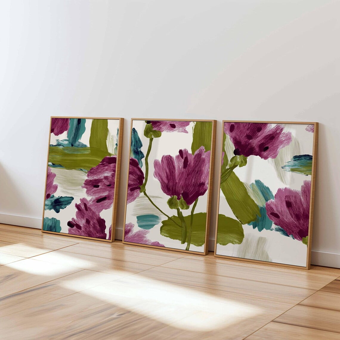 Abstract Floral Magenta Green Botanical Wall Art Set 3 Unframed Paper ...