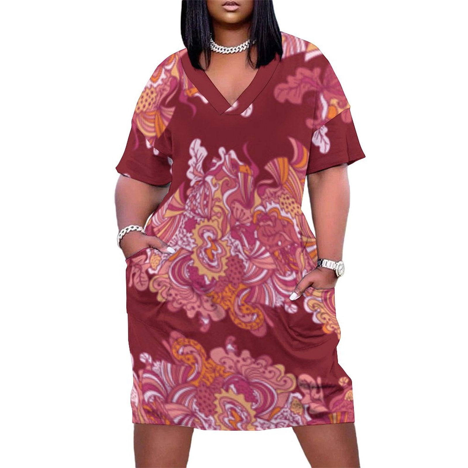Abstract Floral Maroon Pattern Design Summer Sundress for Curve Women ...
