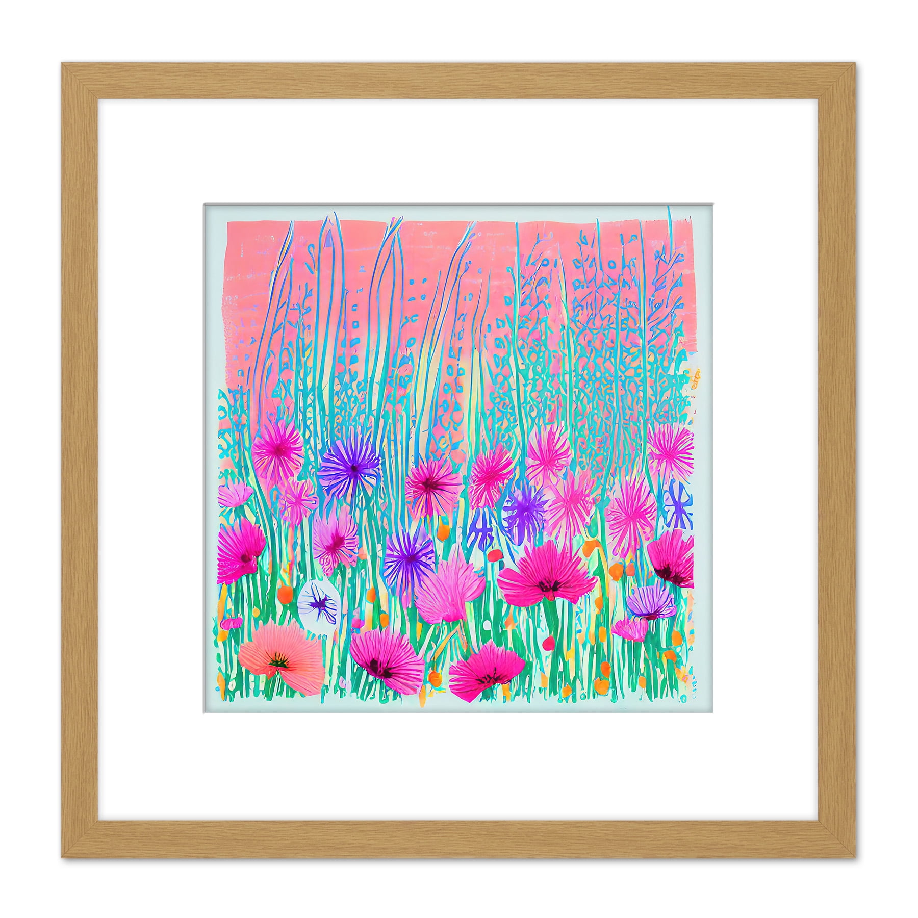 Abstract Floral Meadow Flowers Pink Turquoise Colourful Painting Square ...