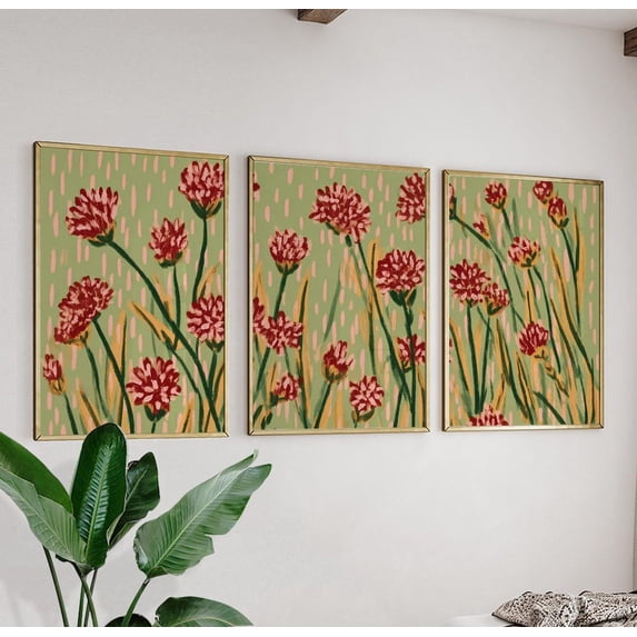 Abstract Floral Meadow Green Pink Botanical Wall Art Modern Triptych ...