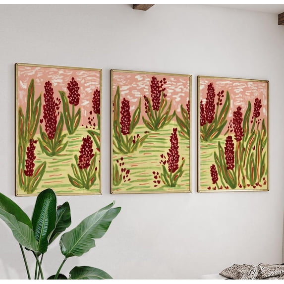 Abstract Floral Meadow Pink Green Botanical Triptych Set 3 Unframed ...