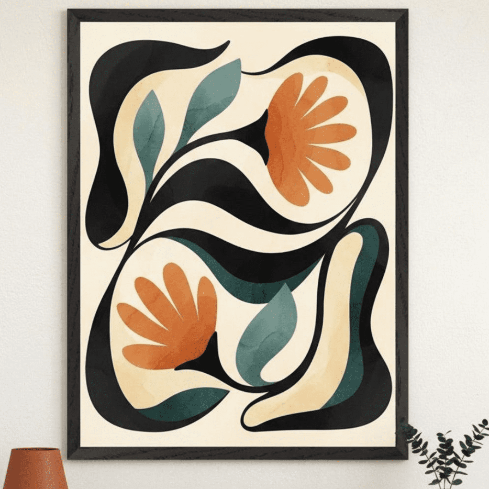 Abstract Floral Mid Century Modern Orange Teal Botanical Organic Shape ...