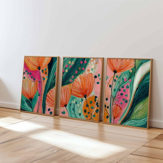 Abstract Floral Modern Botanical Art Vibrant Boho Decor Set 3 Unframed ...