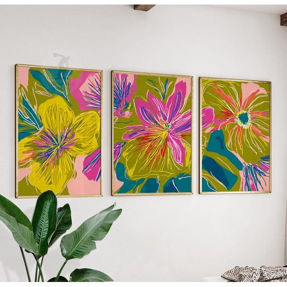 Abstract Floral Modern Botanical Wall Art Version Three Set 3 Stretched ...