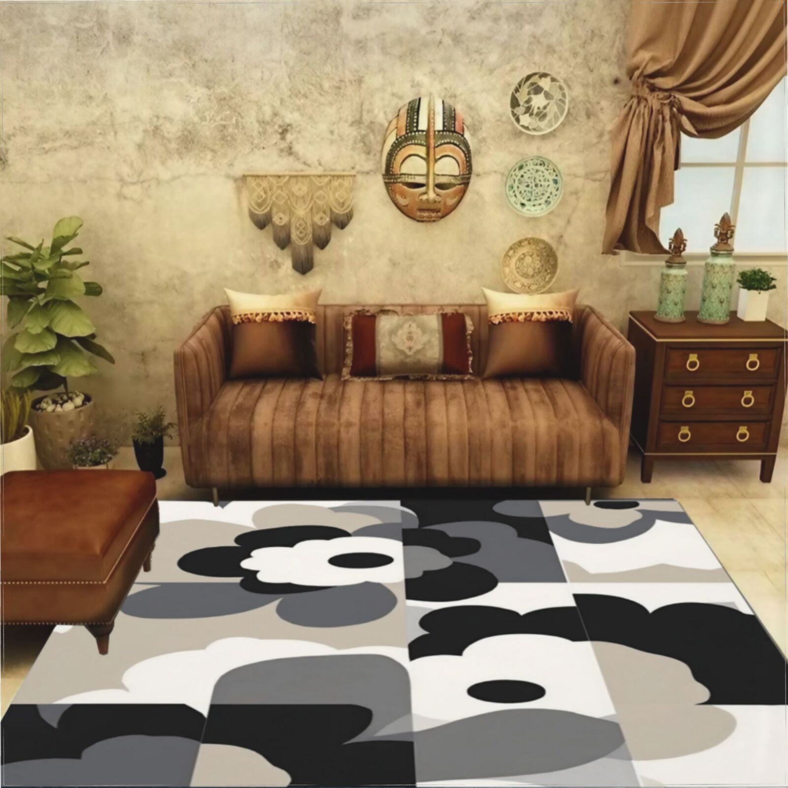 Abstract Floral Monochrome Pattern Light Luxury Retro Carpet Large Size ...