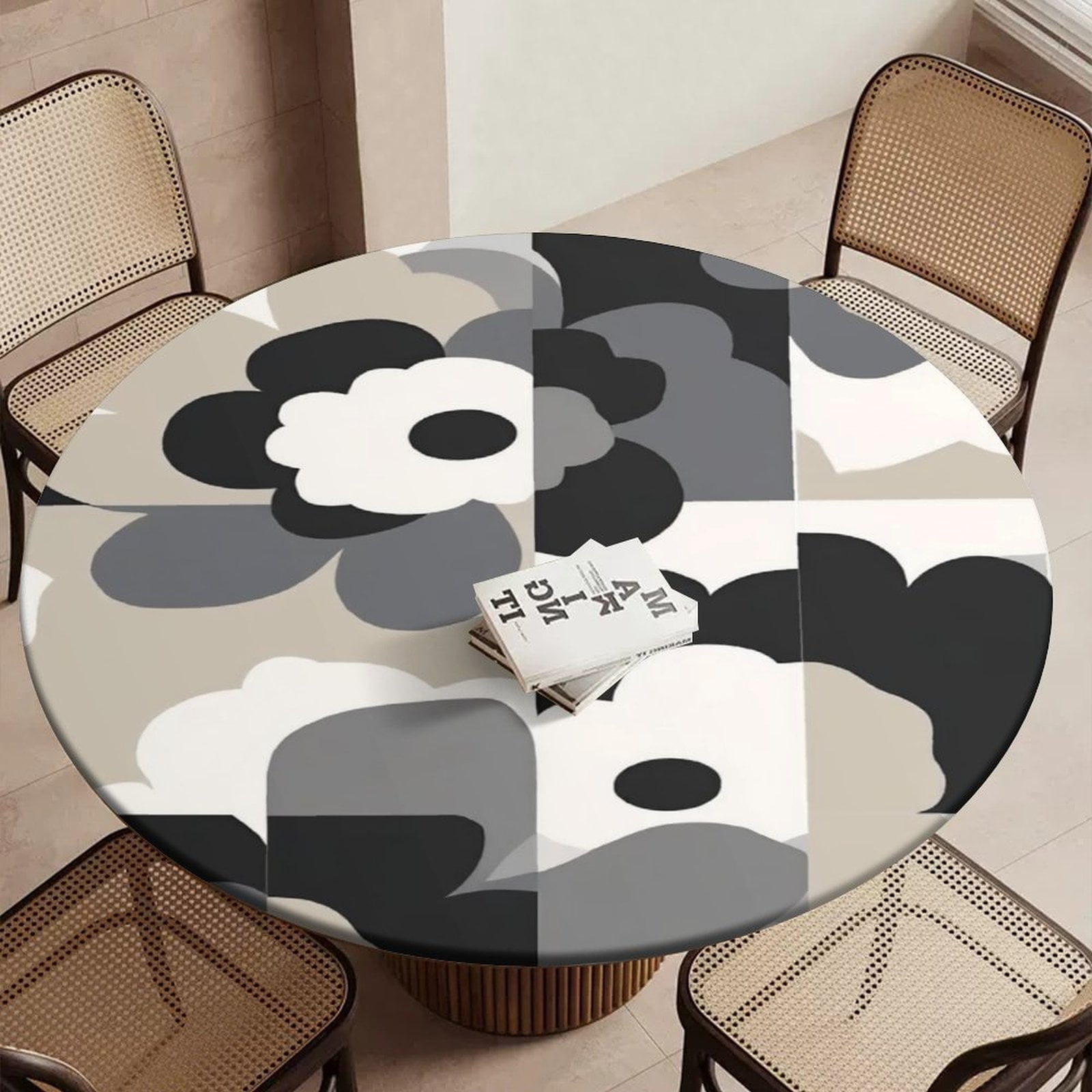 Abstract Floral Monochrome Pattern Round Table Cover Kitchen Printed ...