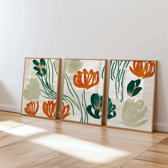 Abstract Floral Orange Green Botanical Art Set 3 Unframed Paper Print ...