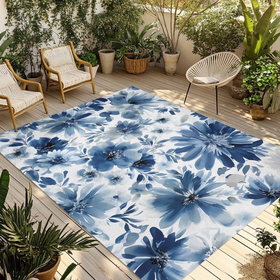 Abstract Floral Outdoor Rug 5x7 ft Deep Blue Watercolor Daisies Texture ...