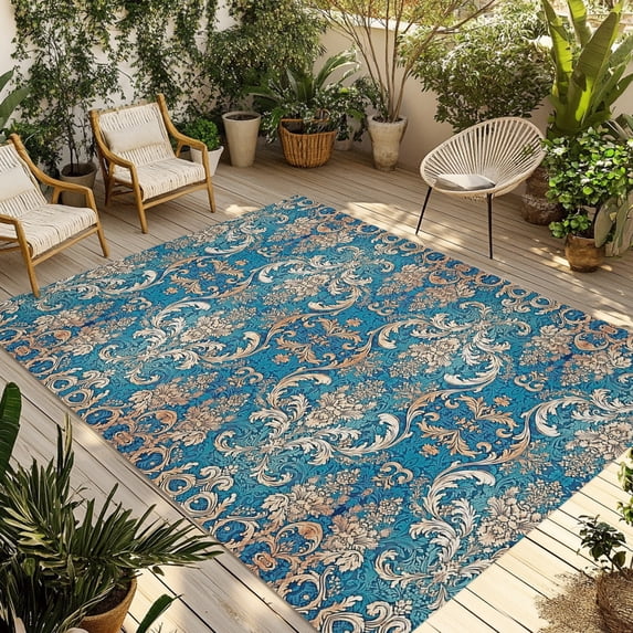 Abstract Floral Outdoor Rug, Damask Retro Gradient Blue Yellow Texture ...
