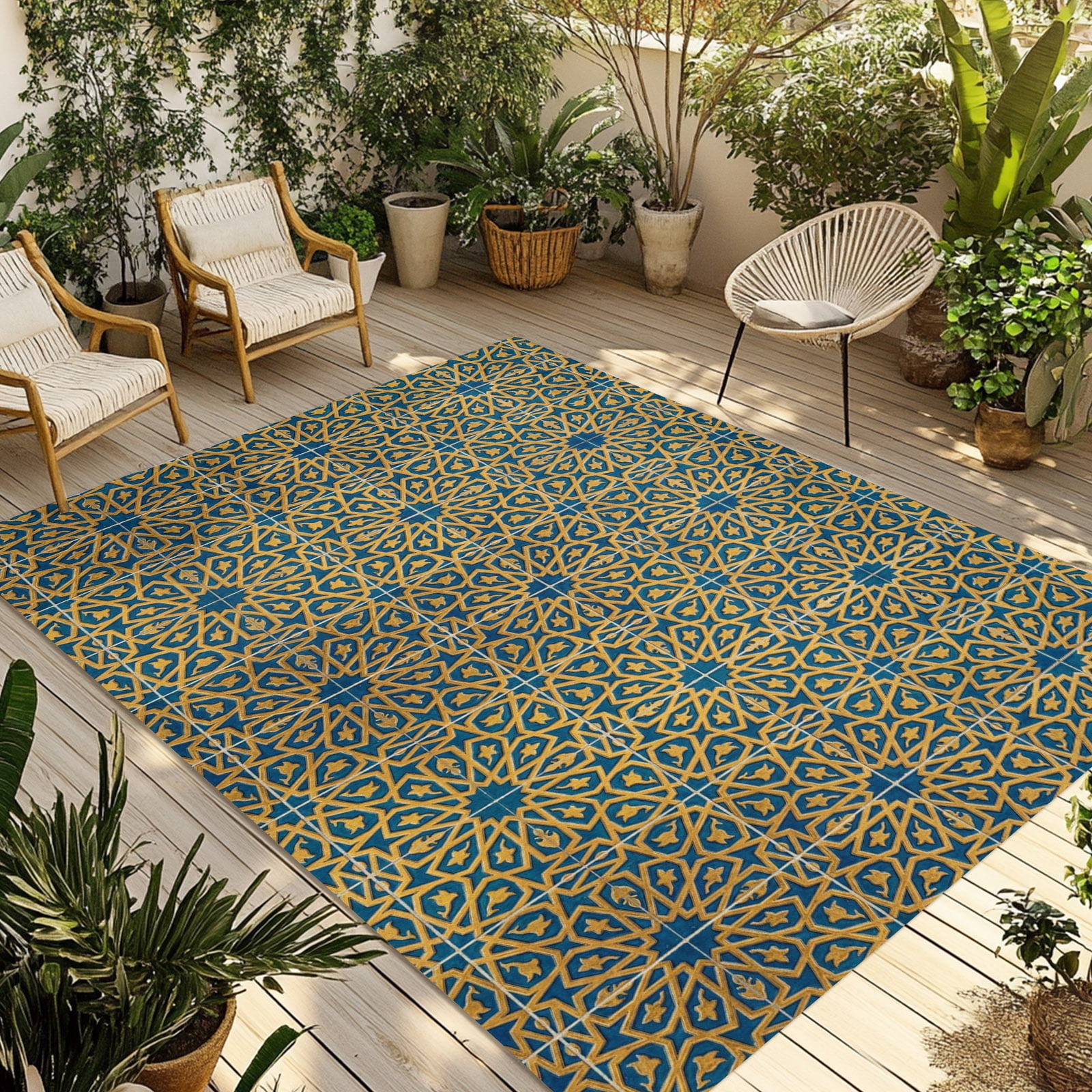 Abstract Floral Outdoor Rug, Vintage Golden Moroccan Circle Geometric ...