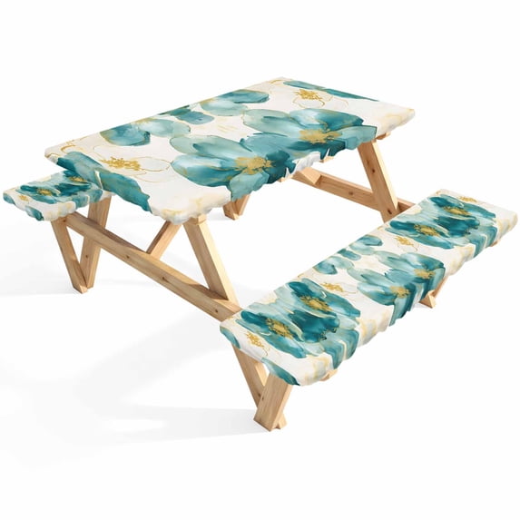 Abstract Floral Picnic Table Cover with Bench Covers White Green Flower ...