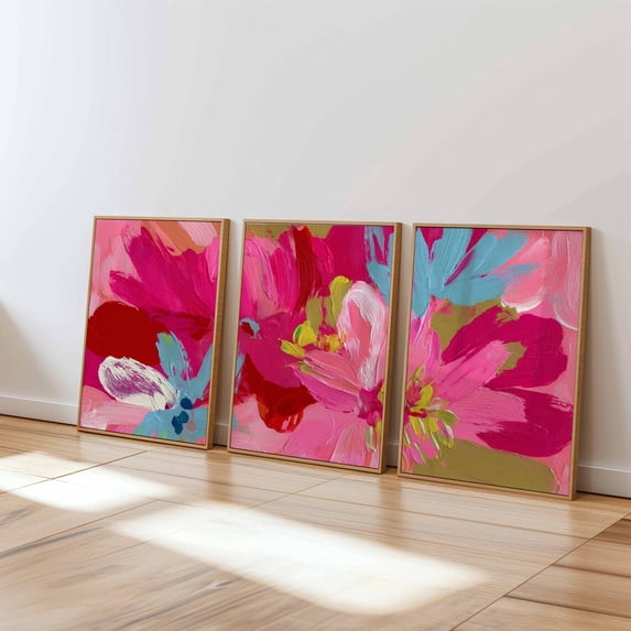 Abstract Floral Pink Blue Botanical Wall Art Set 3 Stretched Canvas ...