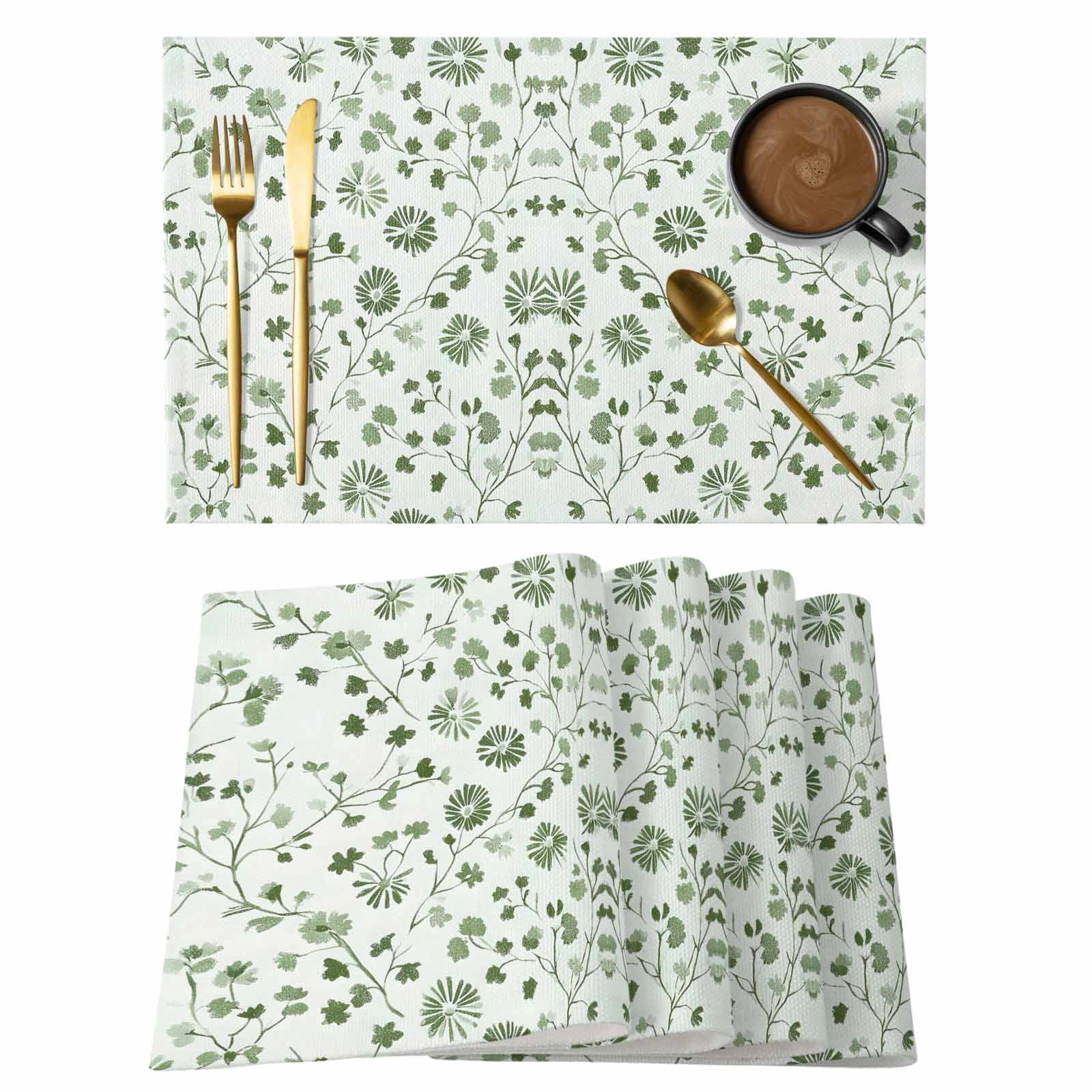 Abstract Floral Placemats Set of 4, Retro Sage Green Flower Texture Non ...